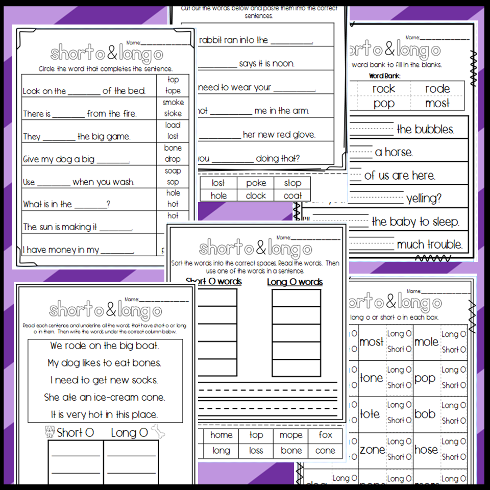 Long O and Short O Worksheets: Cut and Paste Sorts, Cloze, Read and ...