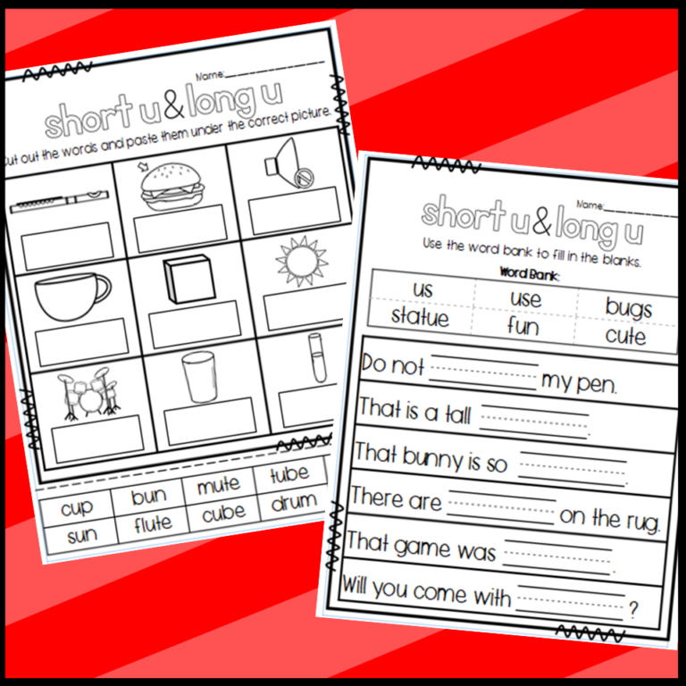 Long U and Short U Worksheets: Cut and Paste Sorts, Cloze, Read and ...