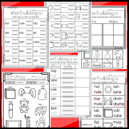 Long U and Short U Worksheets: Cut and Paste Sorts, Cloze, Read and ...