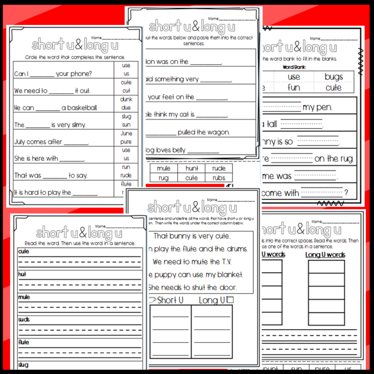 Long U and Short U Worksheets: Cut and Paste Sorts, Cloze, Read and ...