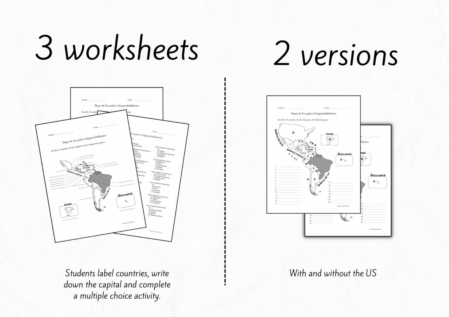 Los países hispanohablantes - 2 versions (3 Worksheets each) + 2 Free ...