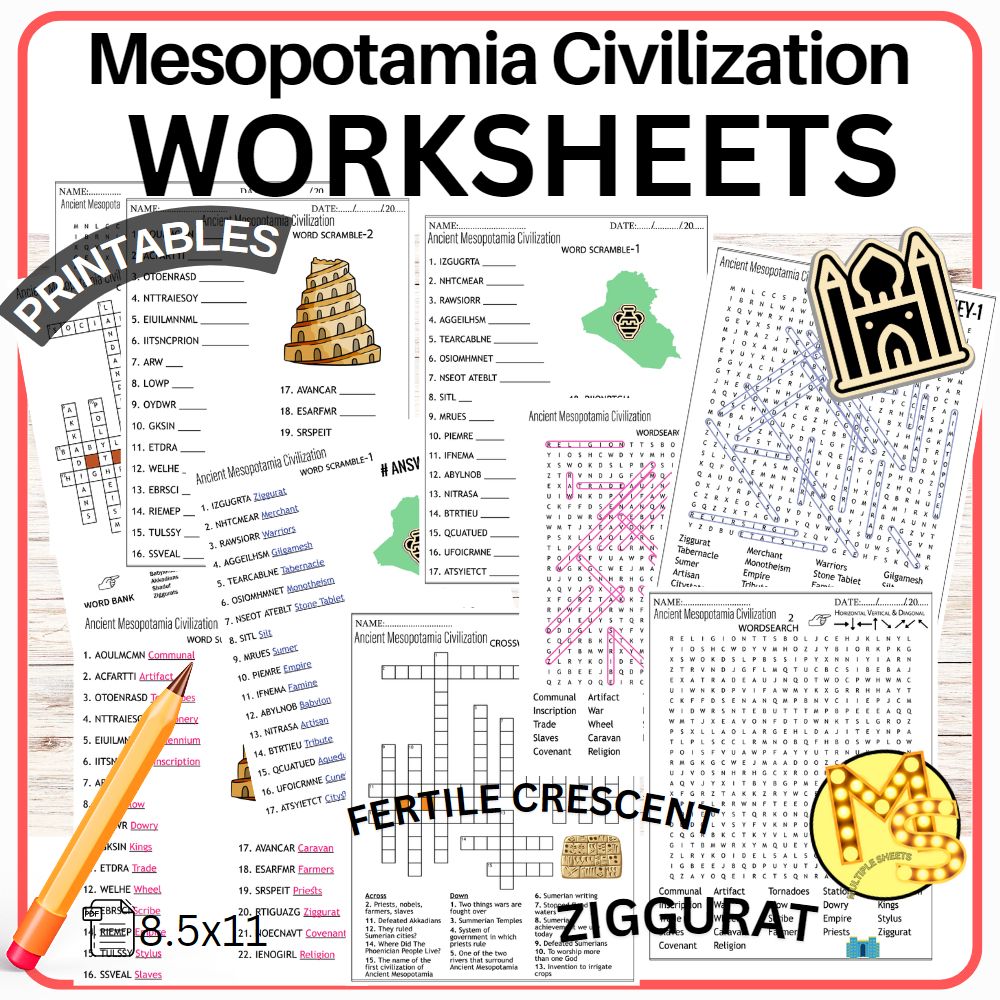 Ancient Mesopotamia Civilization Worksheets Crossword Word Scramble