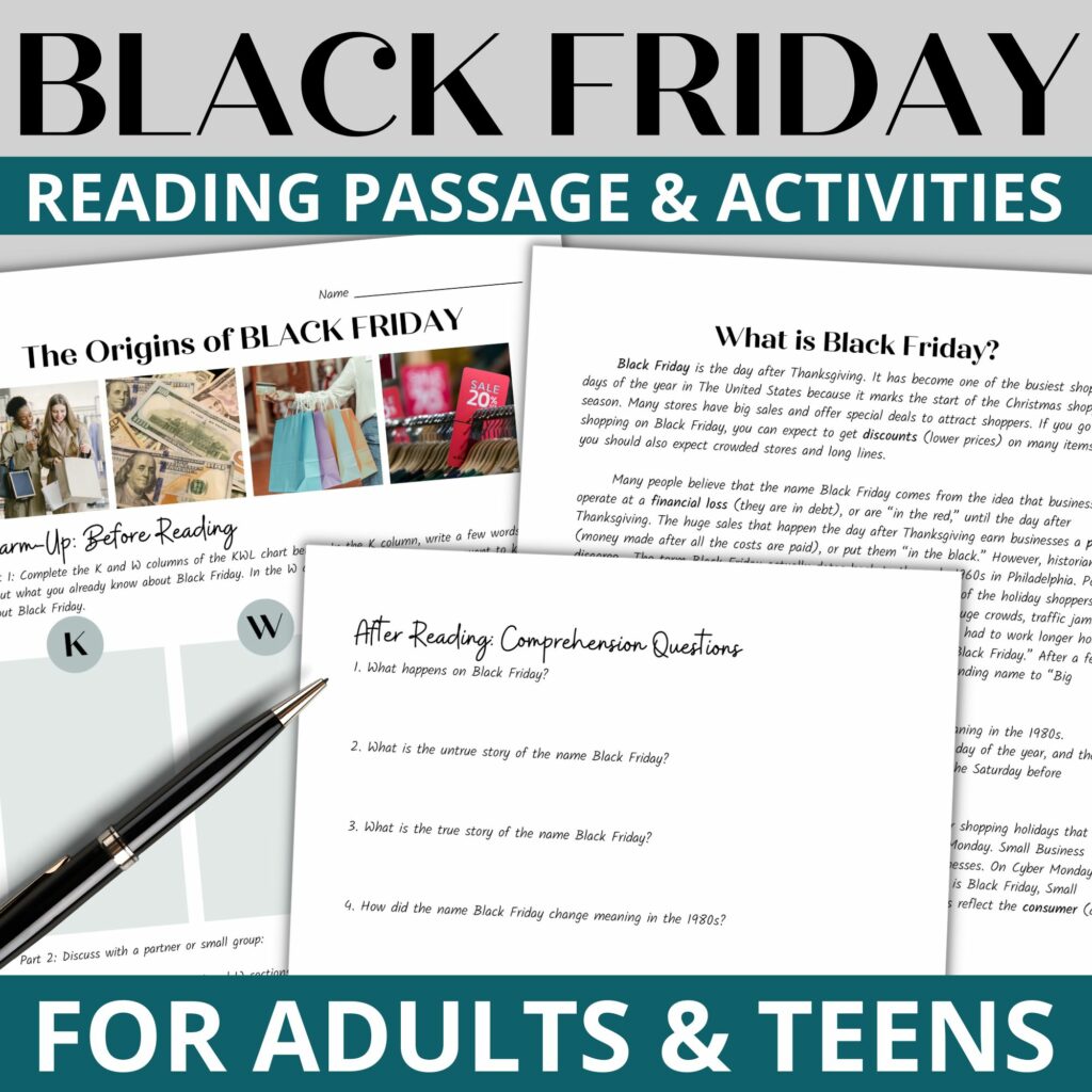 Black Friday Reading Comprehension Activities for ESL Adults and Teens ...