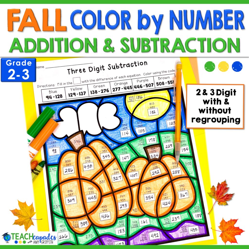 Fall Math Addition and Subtraction Color by Number Activities | Made By ...