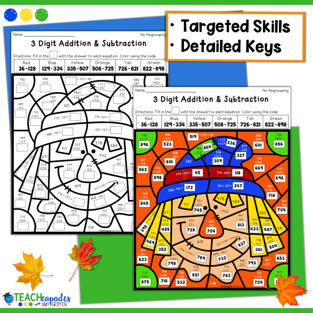 Fall Math Addition and Subtraction Color by Number Activities | Made By ...