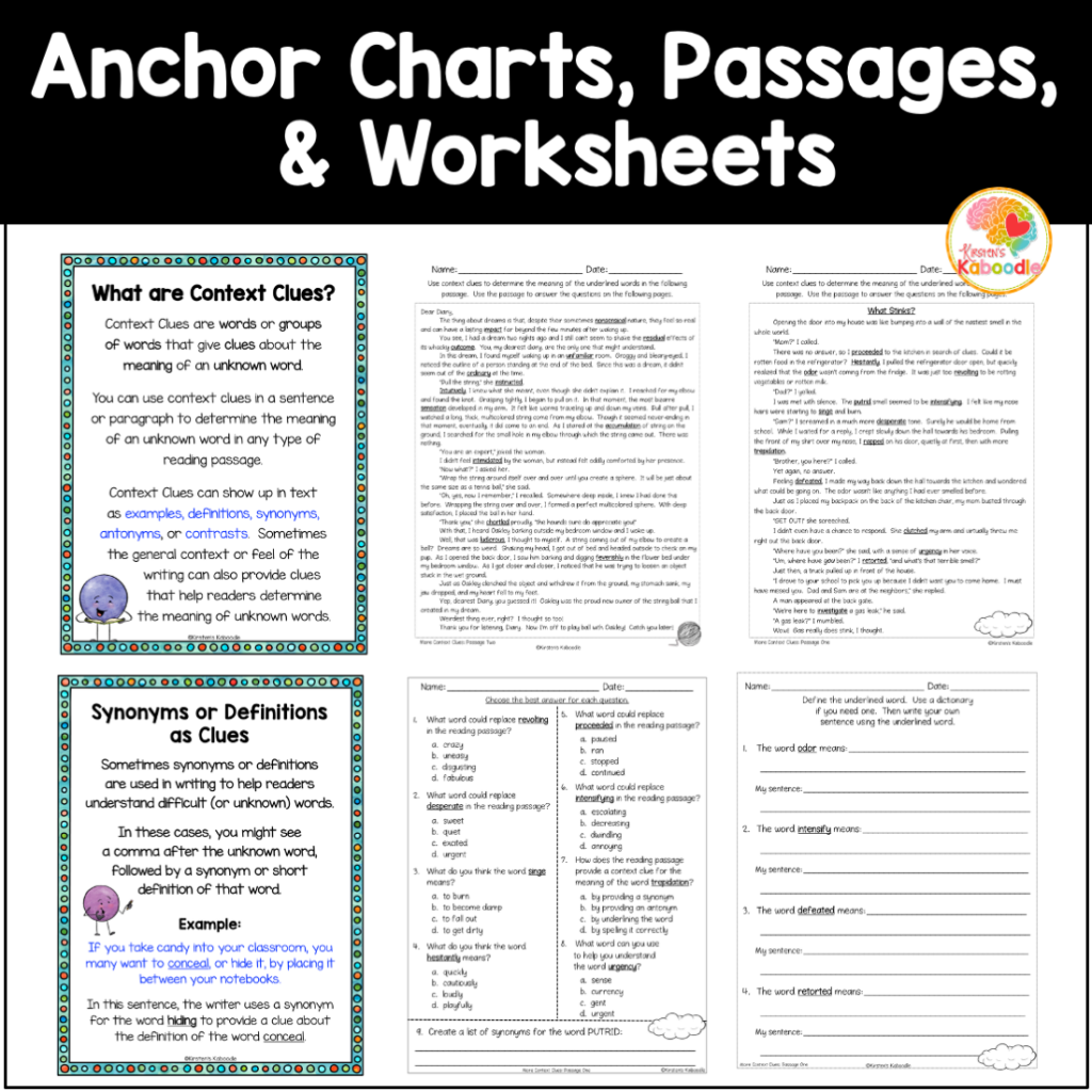 Context Clues Activities: Reading Passages Worksheets and Anchor Charts ...