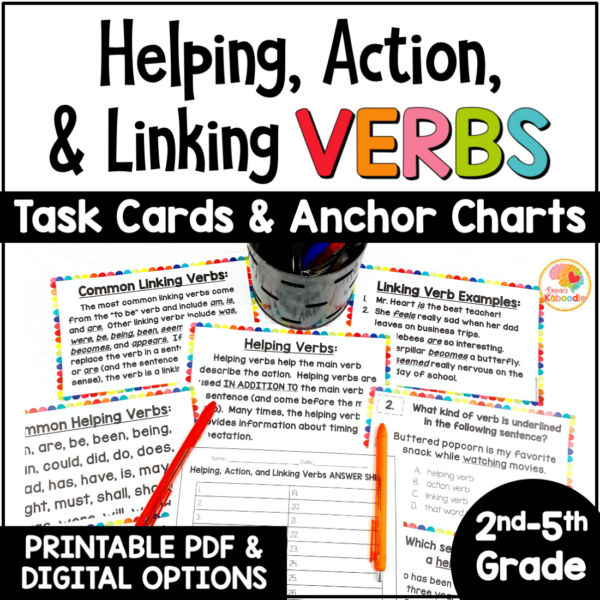 Helping, Action, and Linking Verb Task Cards and Anchor Charts | Made ...
