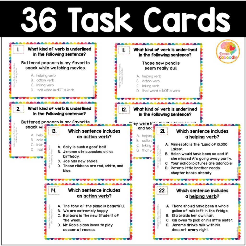 Helping, Action, and Linking Verb Task Cards and Anchor Charts | Made ...