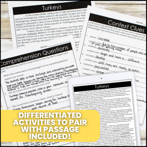 Turkeys Differentiated Reading Passage & Context Clues Activities ...