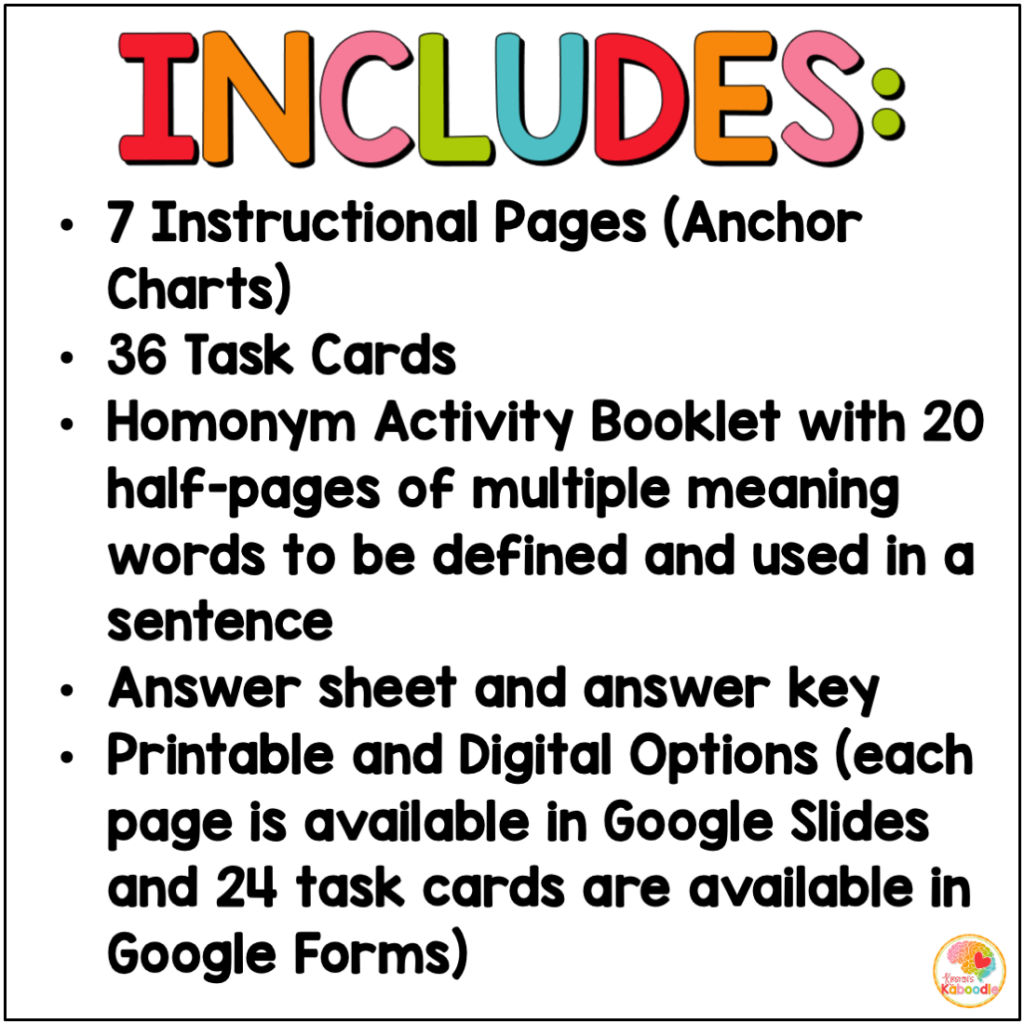 Multiple Meaning Words Task Cards: Homonyms Anchor Charts and ...