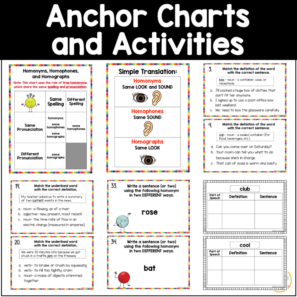 Multiple Meaning Words Task Cards: Homonyms Anchor Charts and ...