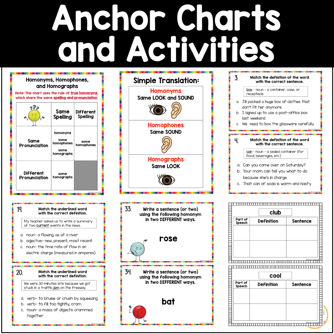 Multiple Meaning Words Task Cards: Homonyms Anchor Charts and ...