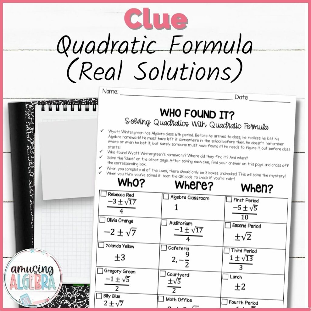 Solving Quadratics using Quadratic Formula Clue Mystery Activity | Made ...