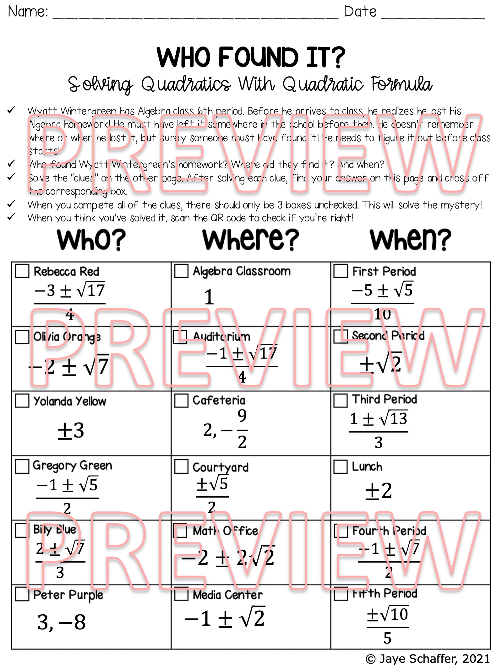 Solving Quadratics using Quadratic Formula Clue Mystery Activity | Made ...