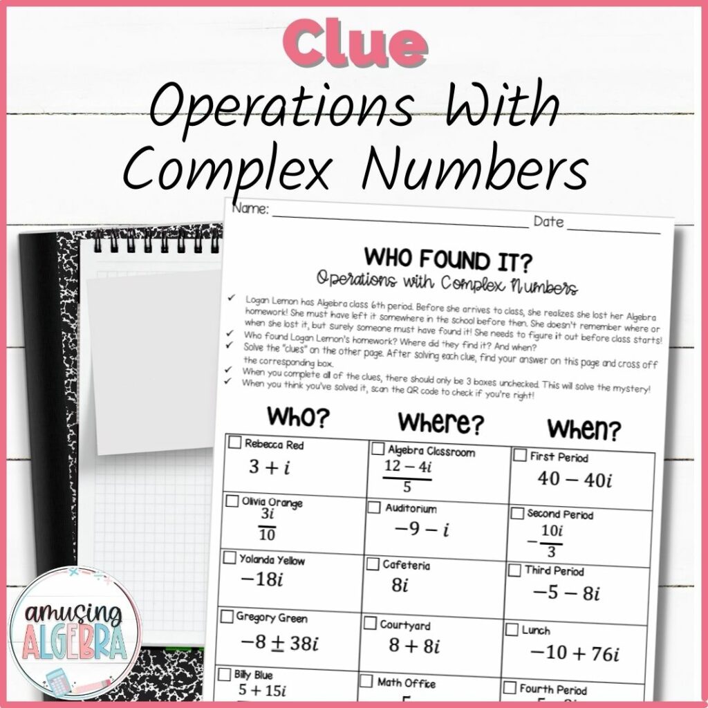 Operations with Complex Numbers Clue Mystery Activity | Made By Teachers