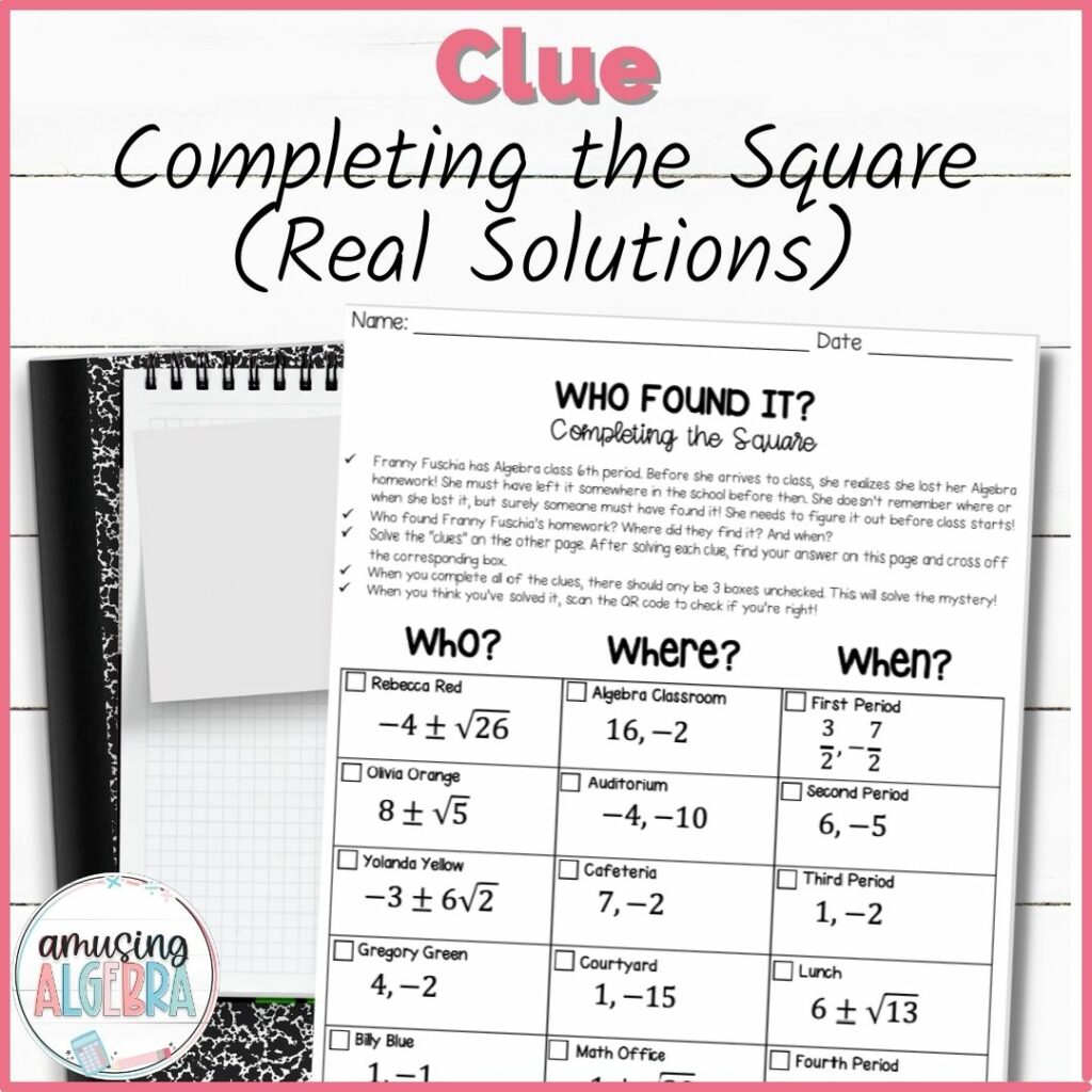 Solving Quadratics by Completing the Square Clue Mystery Activity ...