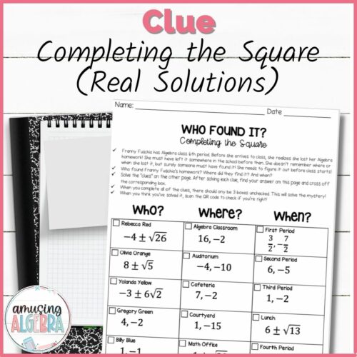 Solving Quadratics by Completing the Square Clue Mystery Activity ...