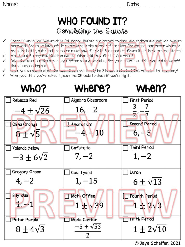 Solving Quadratics by Completing the Square Clue Mystery Activity ...