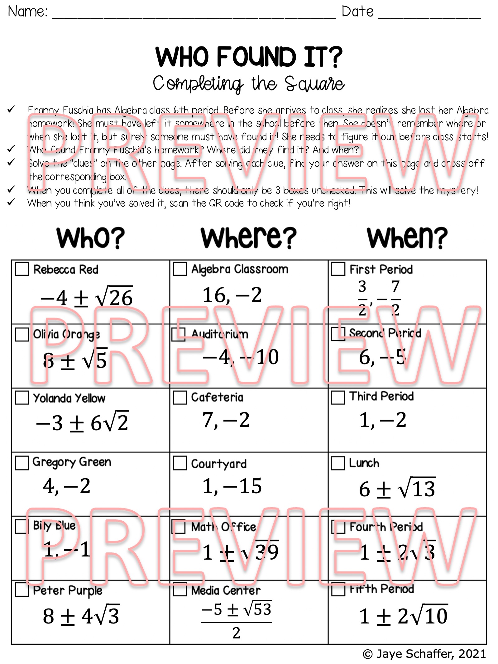 Solving Quadratics by Completing the Square Clue Mystery Activity ...