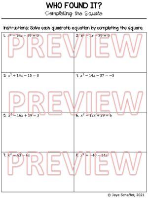 Solving Quadratics by Completing the Square Clue Mystery Activity ...