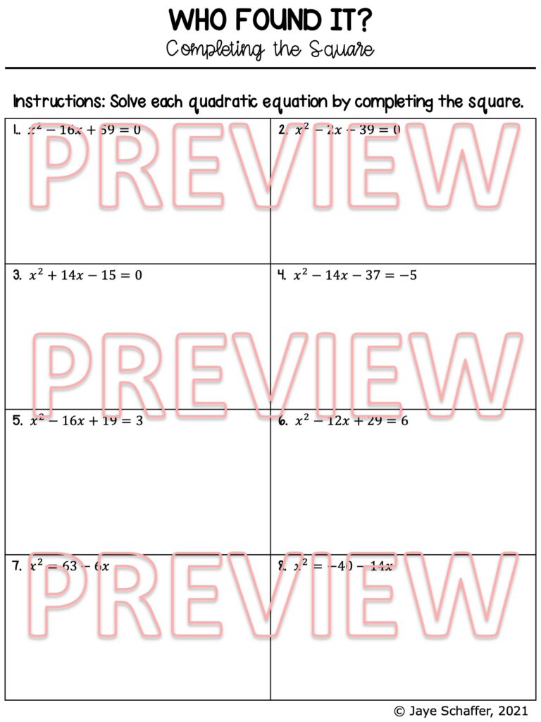 Solving Quadratics by Completing the Square Clue Mystery Activity ...