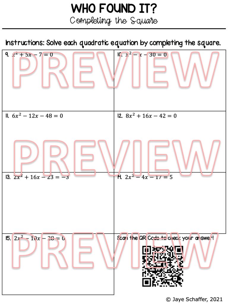 Solving Quadratics by Completing the Square Clue Mystery Activity ...