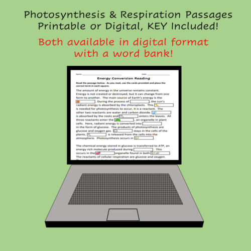 ESL Biology Photosynthesis and Cellular Respiration Reading Passage ...