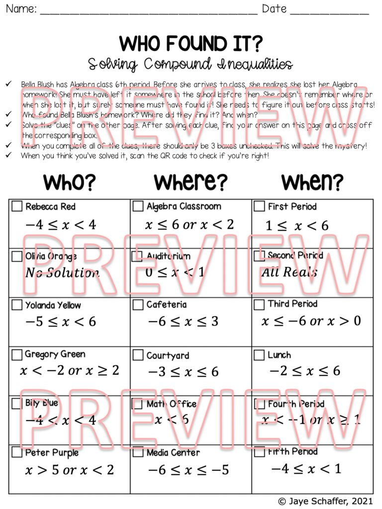 Solving Compound Inequalities Clue Mystery Activity | Made By Teachers