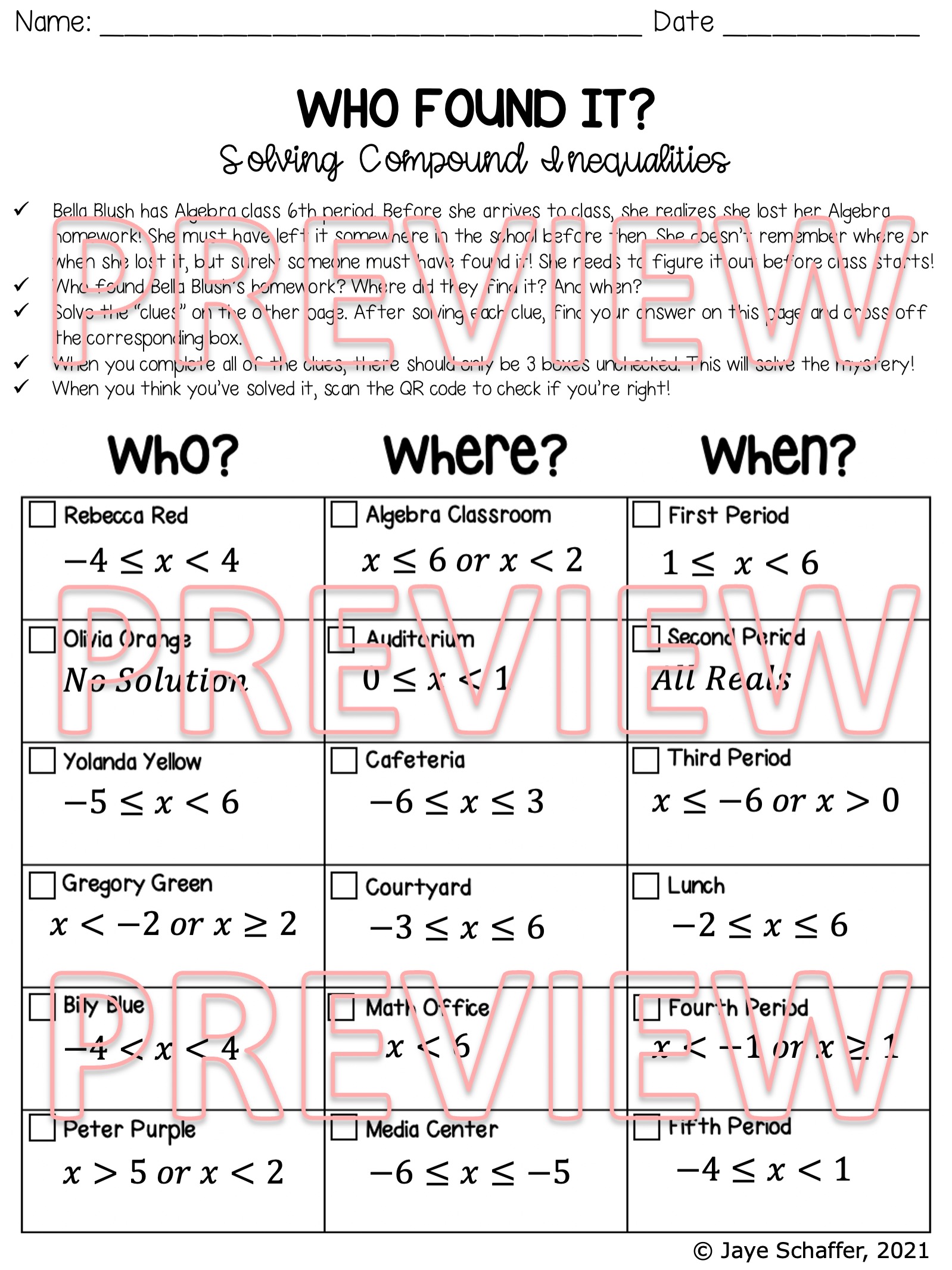 Solving Compound Inequalities Clue Mystery Activity | Made By Teachers