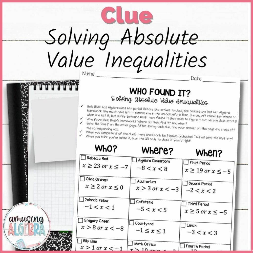 Solving Absolute Value Inequalities Clue Mystery Activity | Made By ...