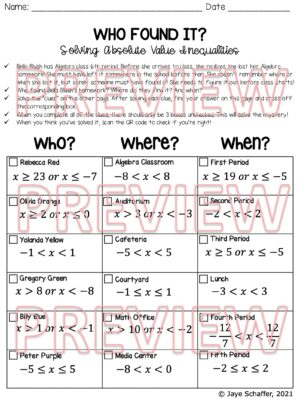 Solving Absolute Value Inequalities Clue Mystery Activity - Made By ...
