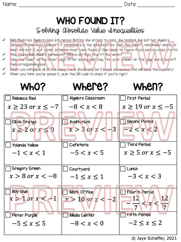 Solving Absolute Value Inequalities Clue Mystery Activity | Made By ...