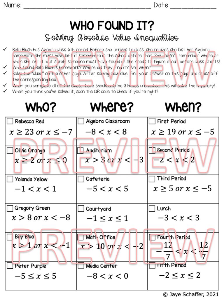 Solving Absolute Value Inequalities Clue Mystery Activity | Made By ...