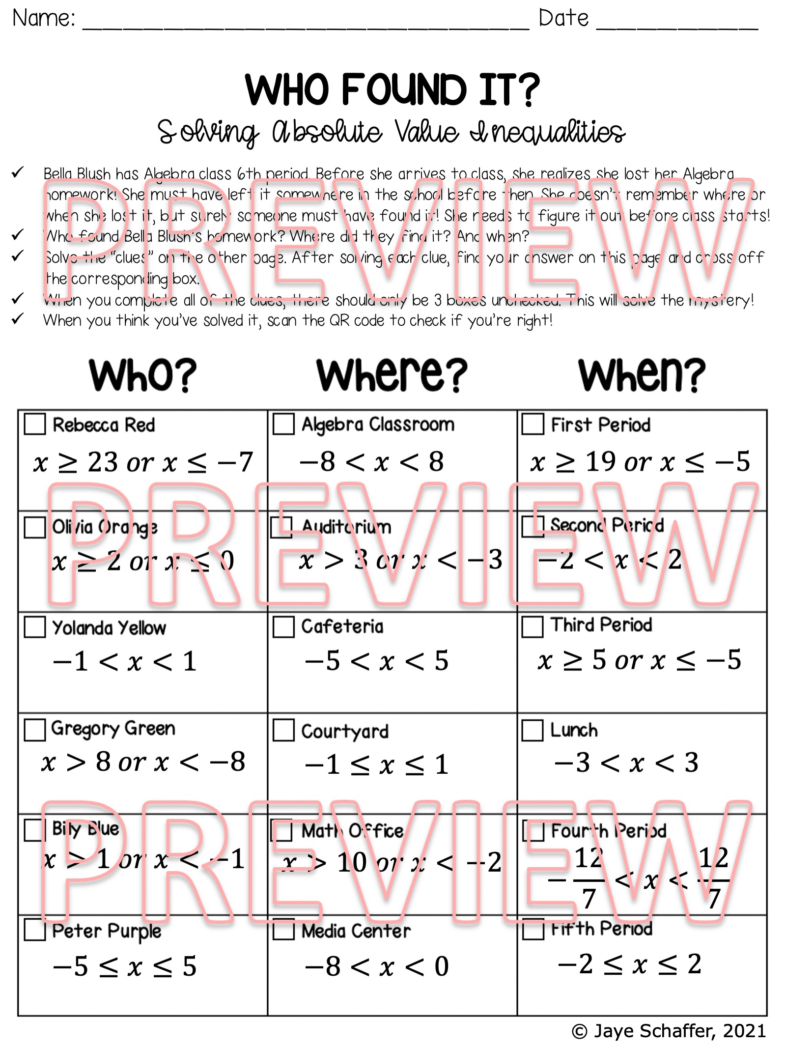 Solving Absolute Value Inequalities Clue Mystery Activity | Made By ...
