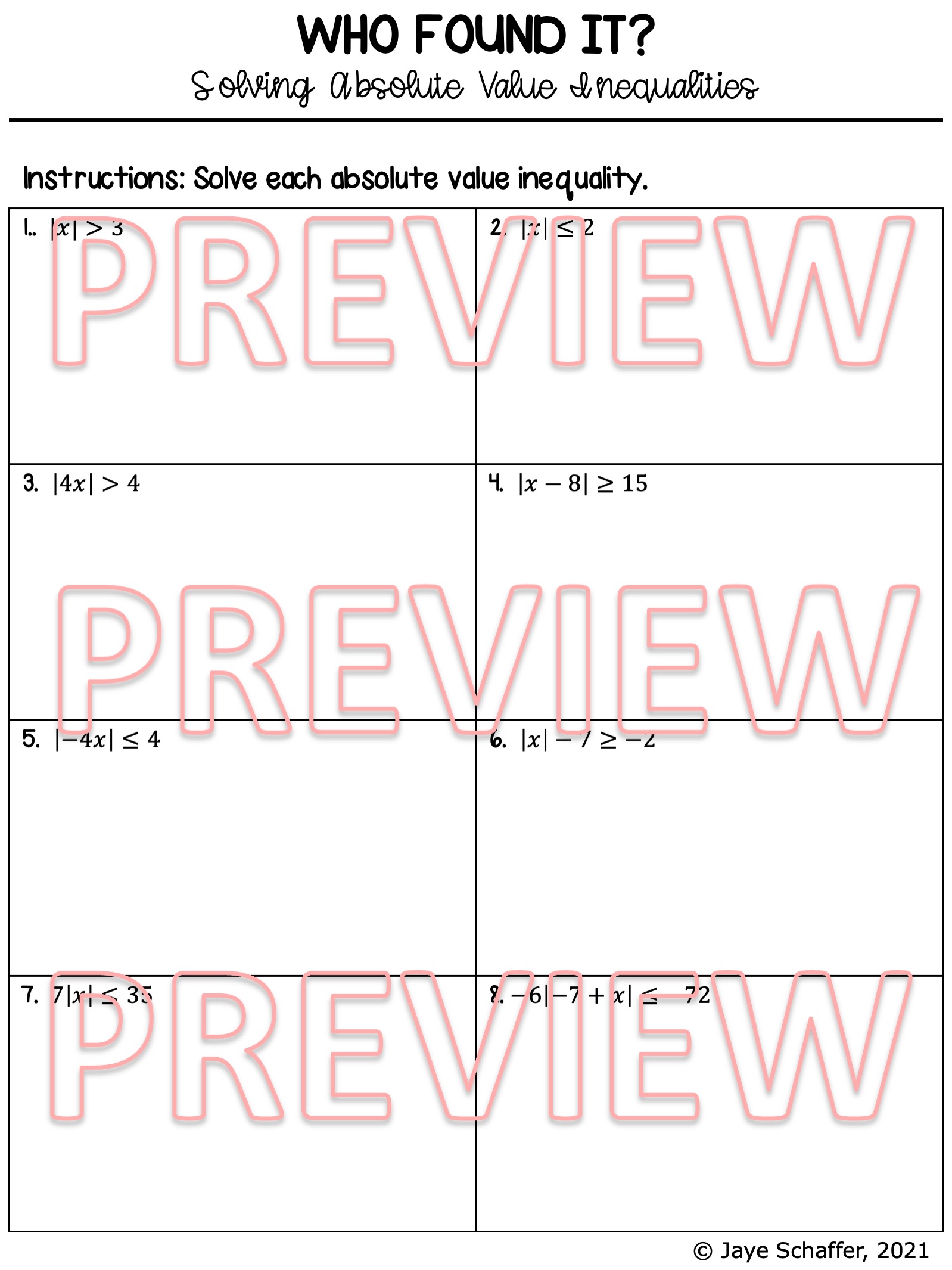 Solving Absolute Value Inequalities Clue Mystery Activity | Made By ...