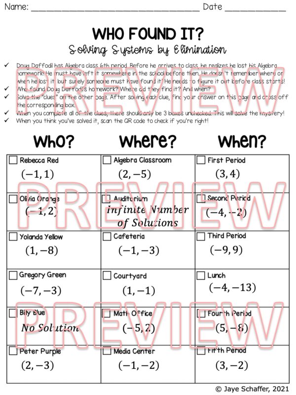 Solving Systems by Elimination Clue Mystery Activity | Made By Teachers