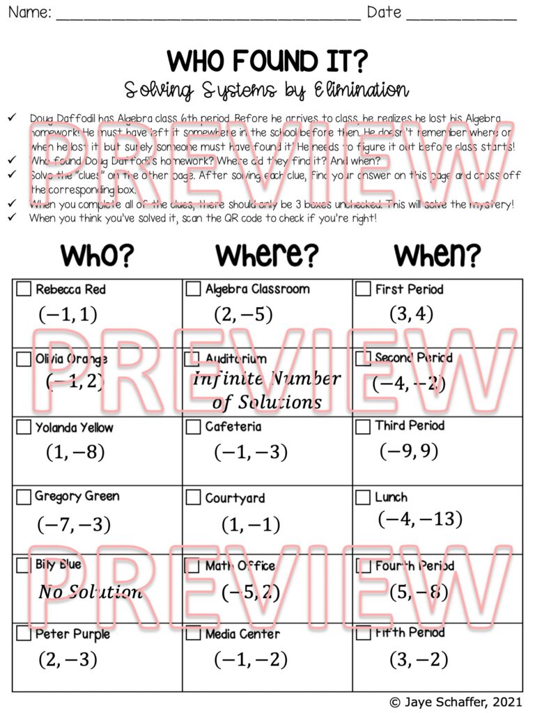 Solving Systems by Elimination Clue Mystery Activity | Made By Teachers