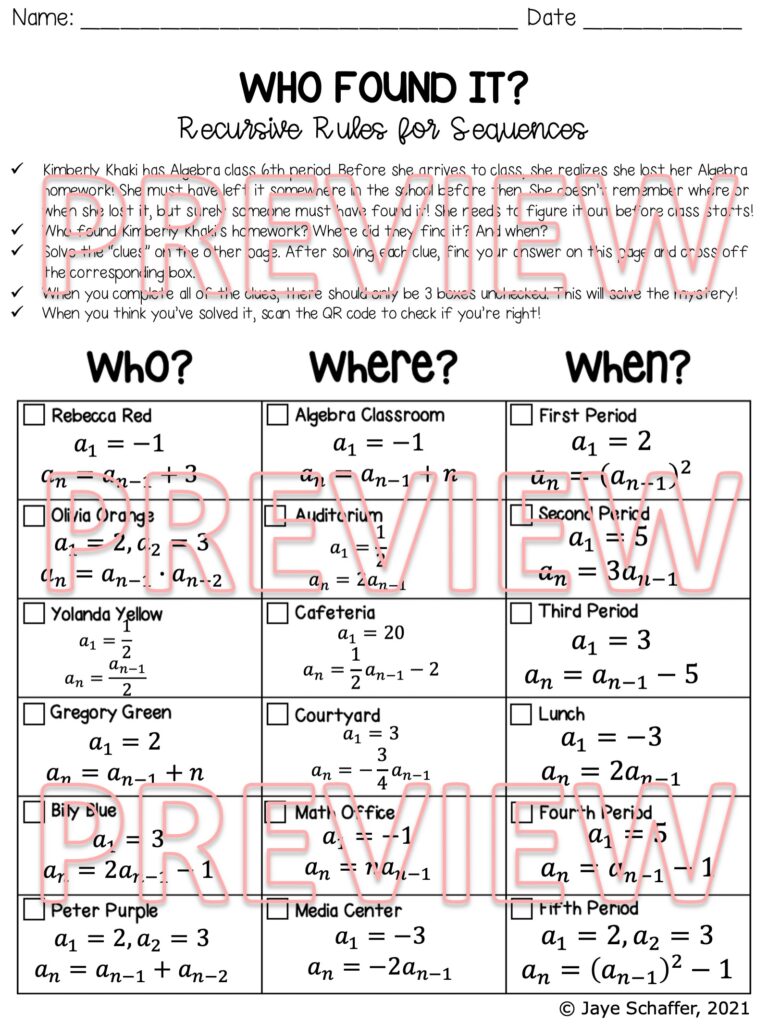 Writing Recursive Rules for Sequences Clue Mystery Activity | Made By ...