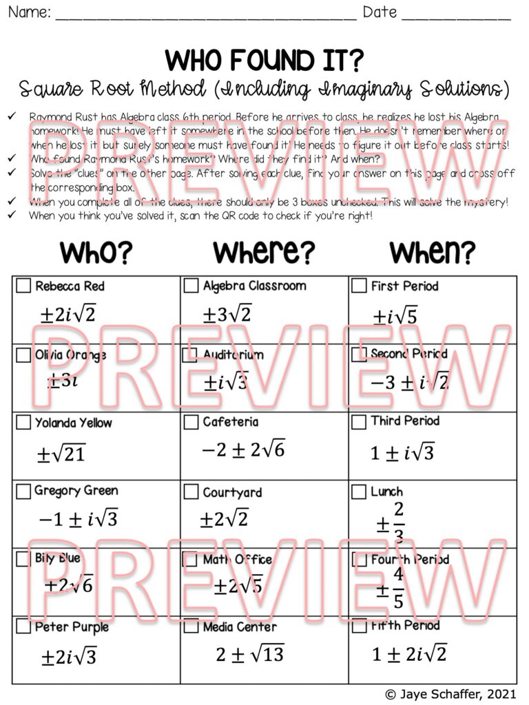 Solving Quadratics by Square Roots (W/ Imaginary Solutions) Clue ...