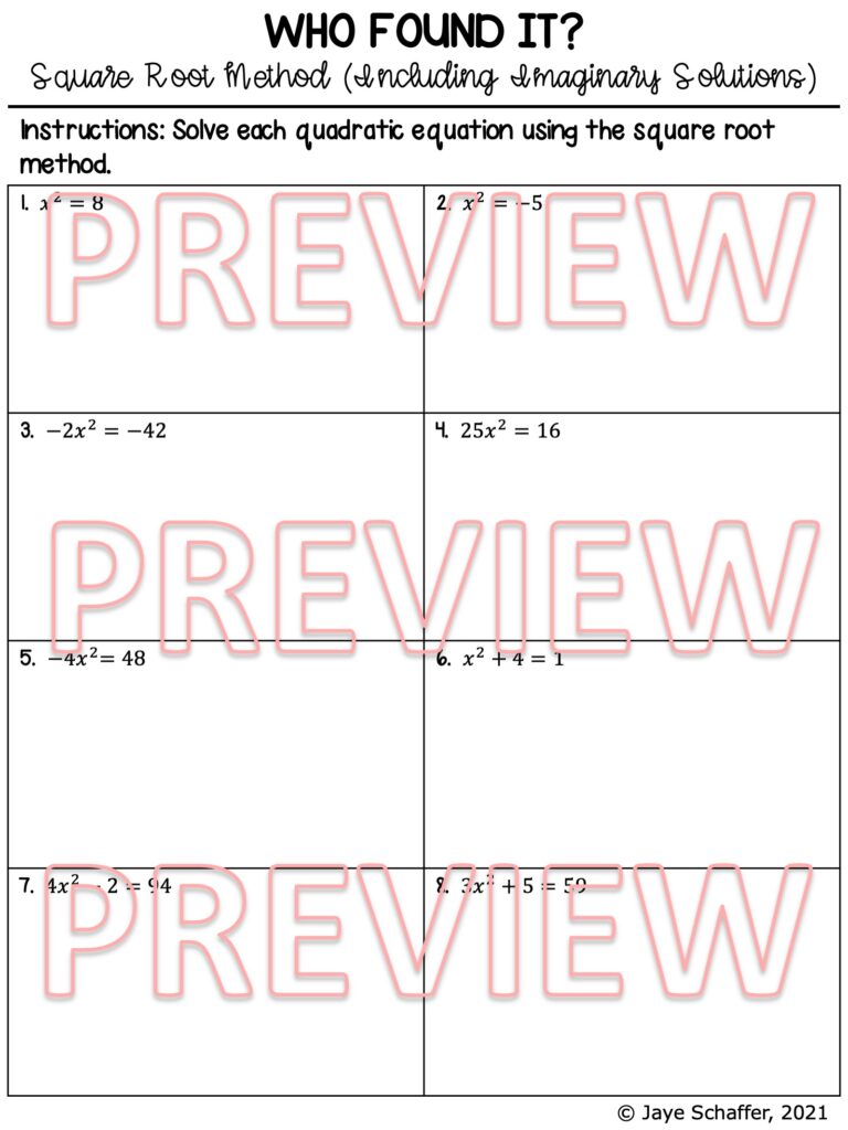 Solving Quadratics by Square Roots (W/ Imaginary Solutions) Clue ...