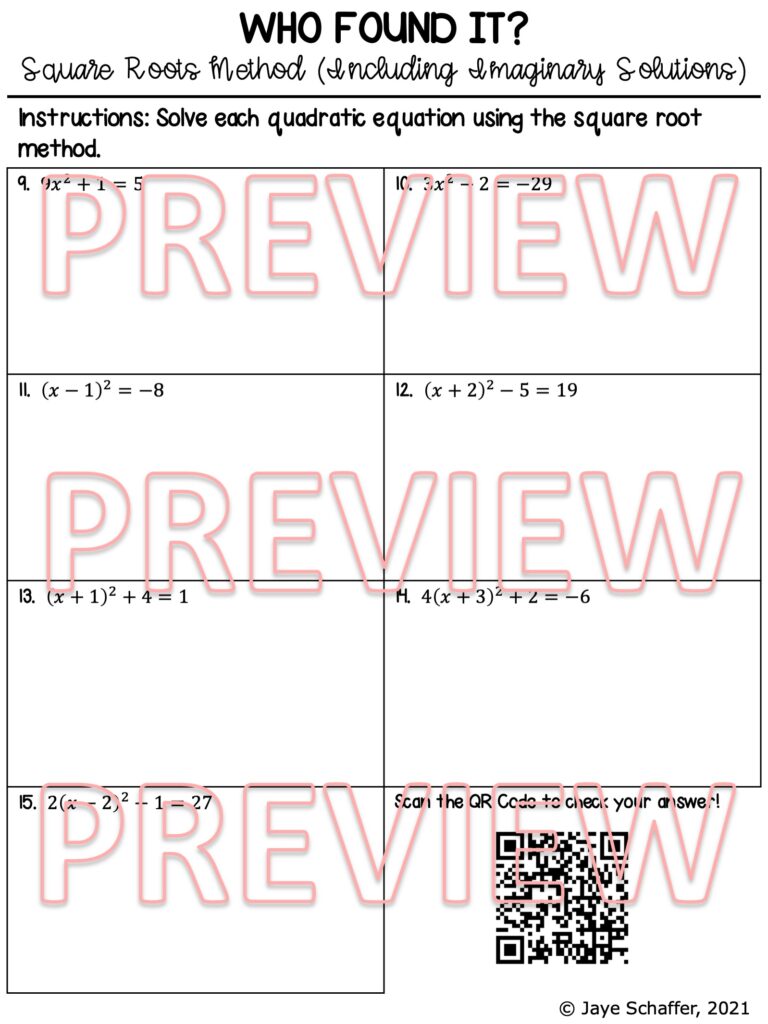 Solving Quadratics by Square Roots (W/ Imaginary Solutions) Clue ...
