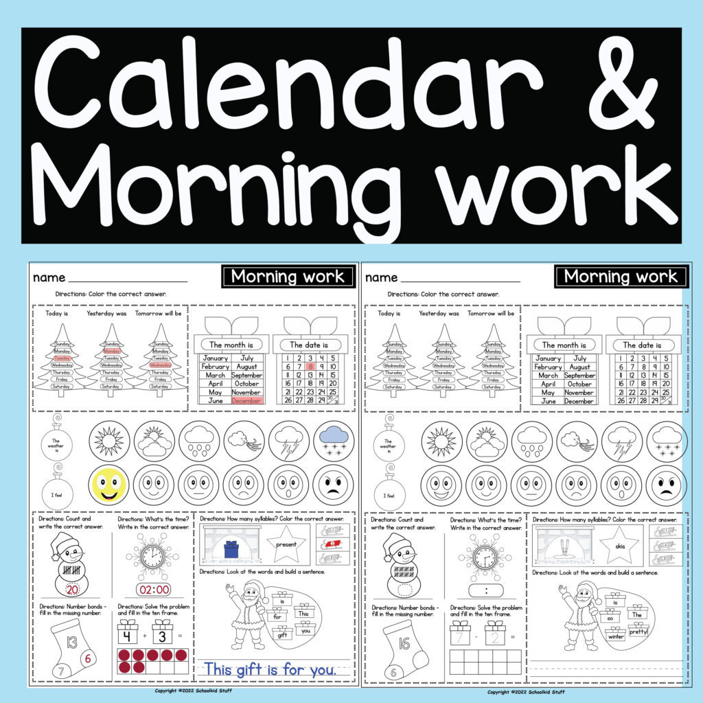 Calendar Time and Morning Math and ELA Practice Worksheets for December ...