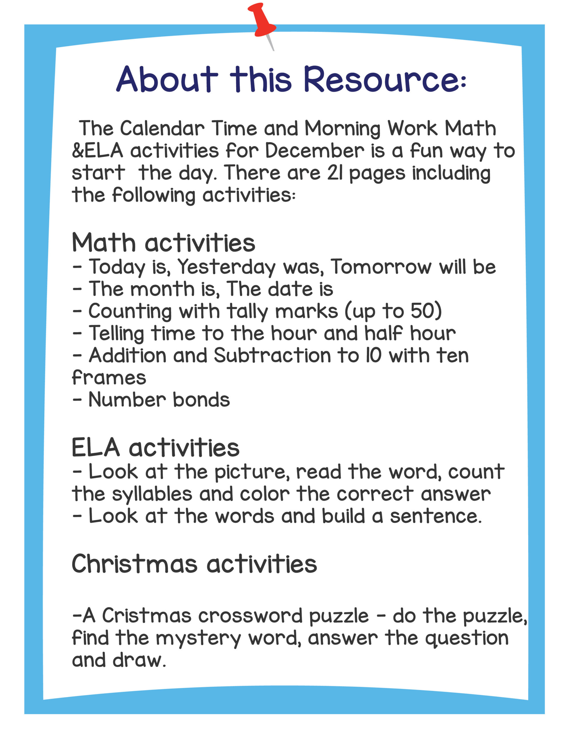 Calendar Time and Morning Math and ELA Practice Worksheets for December ...