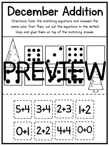 December Kindergarten Worksheets - Cut Glue and Match Addition Center ...