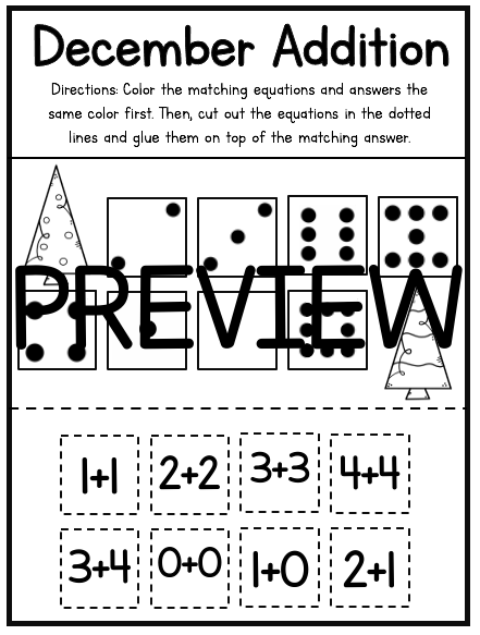 December Kindergarten Worksheets - Cut Glue and Match Addition Center ...