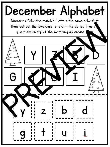 December Kindergarten Worksheets - Cut Glue and Match Alphabet Center ...