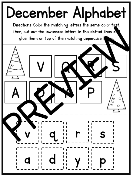 December Kindergarten Worksheets - Cut Glue and Match Alphabet Center ...