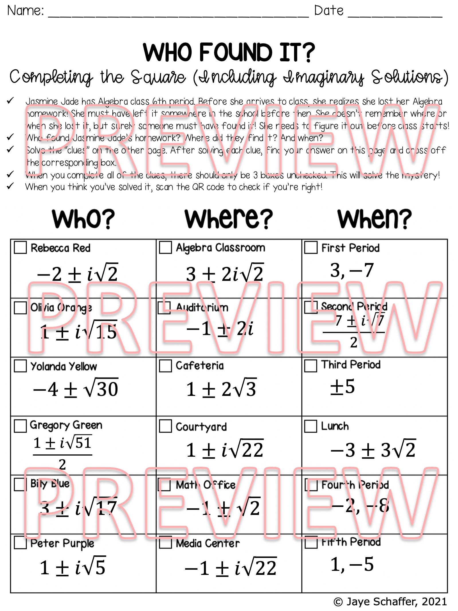 Completing the Square (Including Imaginary Solutions) Clue Mystery ...