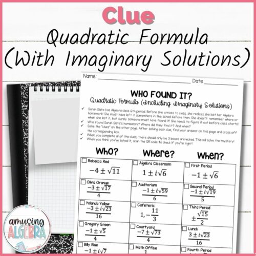 Quadratic Formula (Including Imaginary Solutions) Clue Mystery Activity ...
