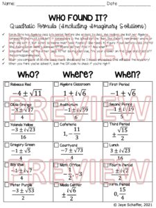 Quadratic Formula (Including Imaginary Solutions) Clue Mystery Activity ...